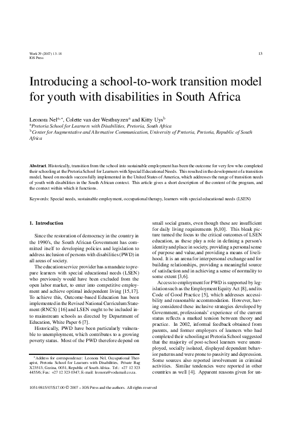 (PDF) Introducing a school to work transition model