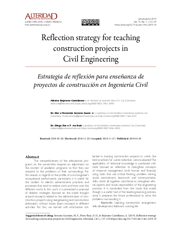 (PDF) Reflection strategy for teaching construction projects in Civil Engineering