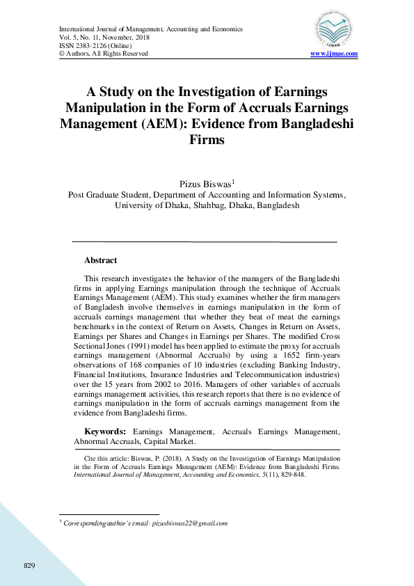 (PDF) A Study on the Investigation of Earnings Manipulation in the Form of Accruals Earnings ...