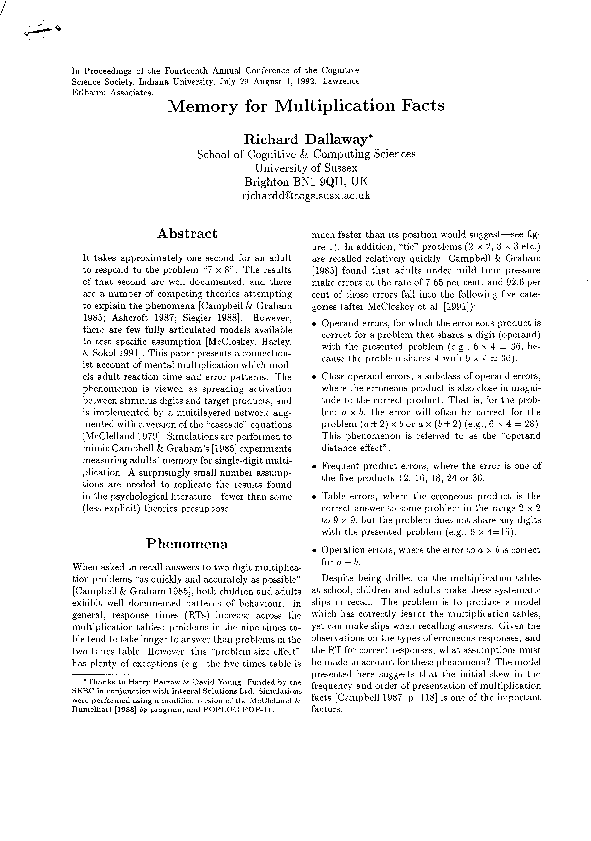 (PDF) Memory for Multiplication Facts | Richard Dallaway - Academia.edu
