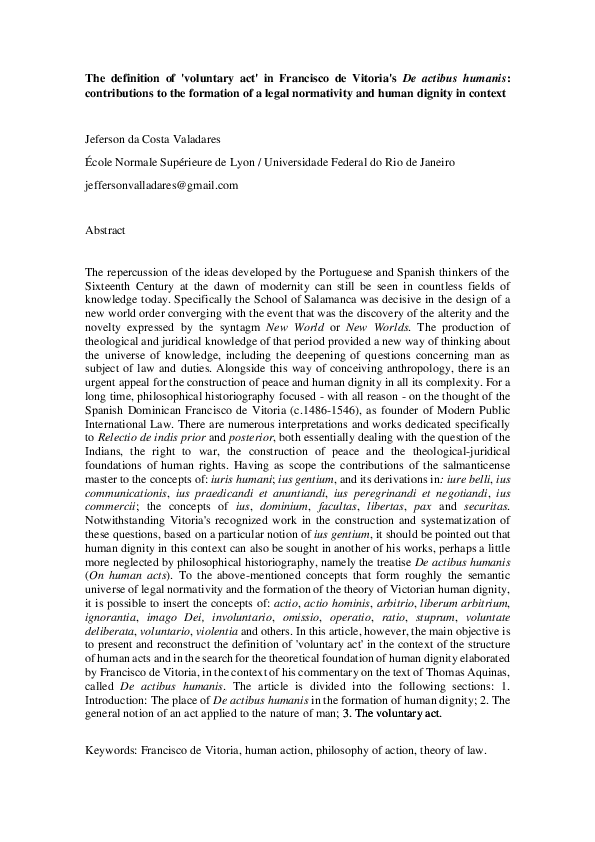(PDF) The definition of 'voluntary act' in Francisco de Vitoria's De ...