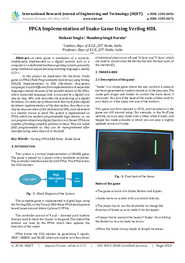 (PDF) IRJET- FPGA Implementation of Snake Game using Verilog HDL