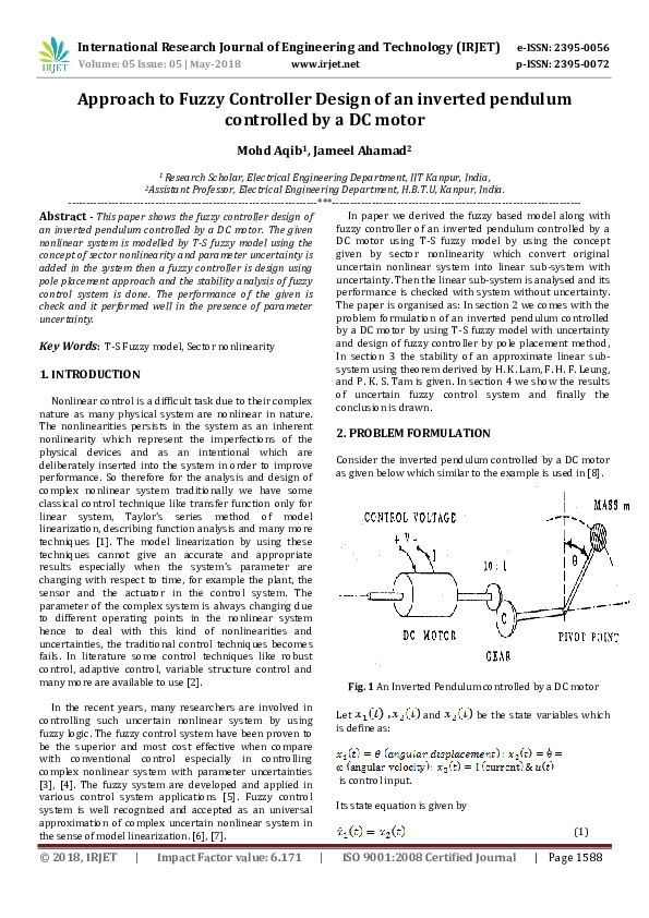 (PDF) IRJET-Approach to Fuzzy Controller Design of an Inverted Pendulum Controlled by a DC Motor