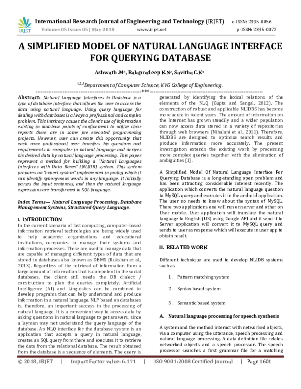 (PDF) IRJET-A Simplified Model of Natural Language Interface for Querying Database
