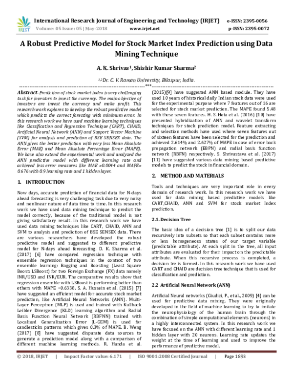 Pdf Irjet A Robust Predictive Model For Stock Market Index Prediction Using Data Mining Technique