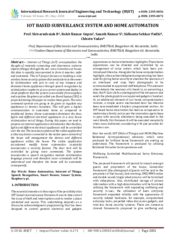 (PDF) IRJET-IoT Based Surveillance System and Home Automation