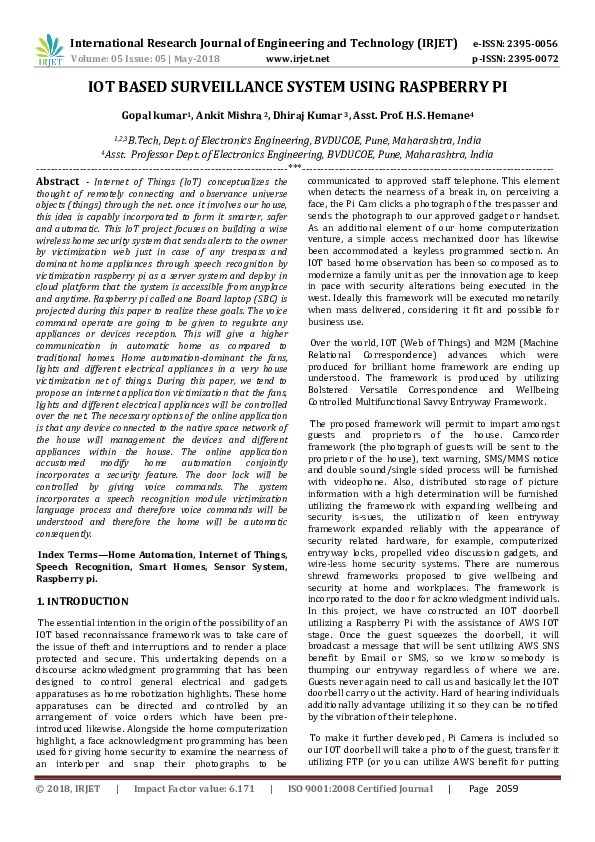(PDF) IRJET-IoT based Surveillance System using Raspberry PI