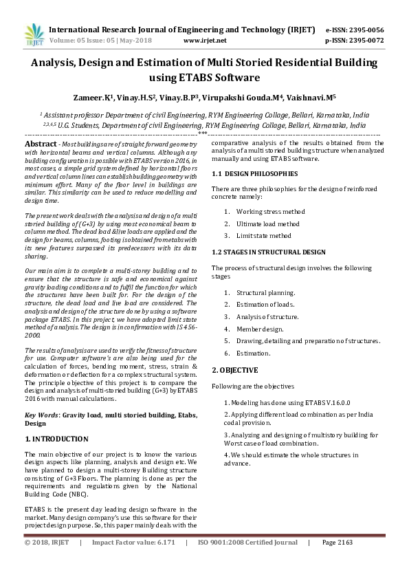 (PDF) IRJET-Analysis, Design and Estimation of Multi Storied Residential Building using ETABS ...