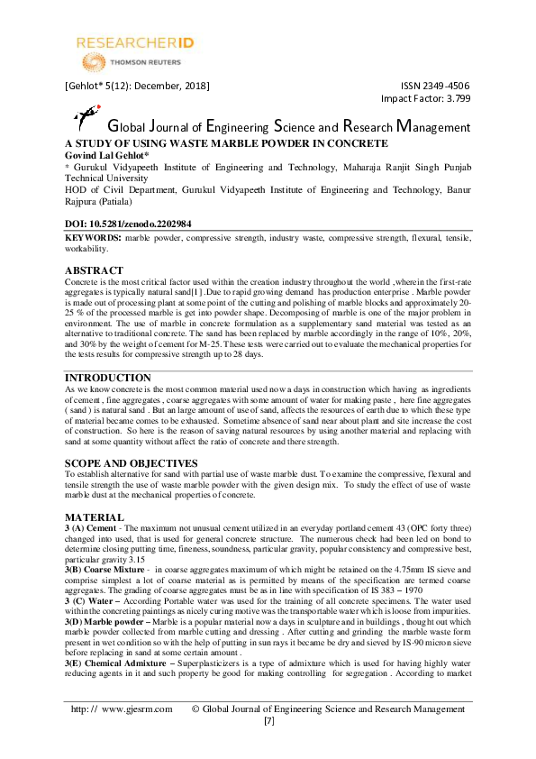 (PDF) A STUDY OF USING WASTE MARBLE POWDER IN CONCRETE