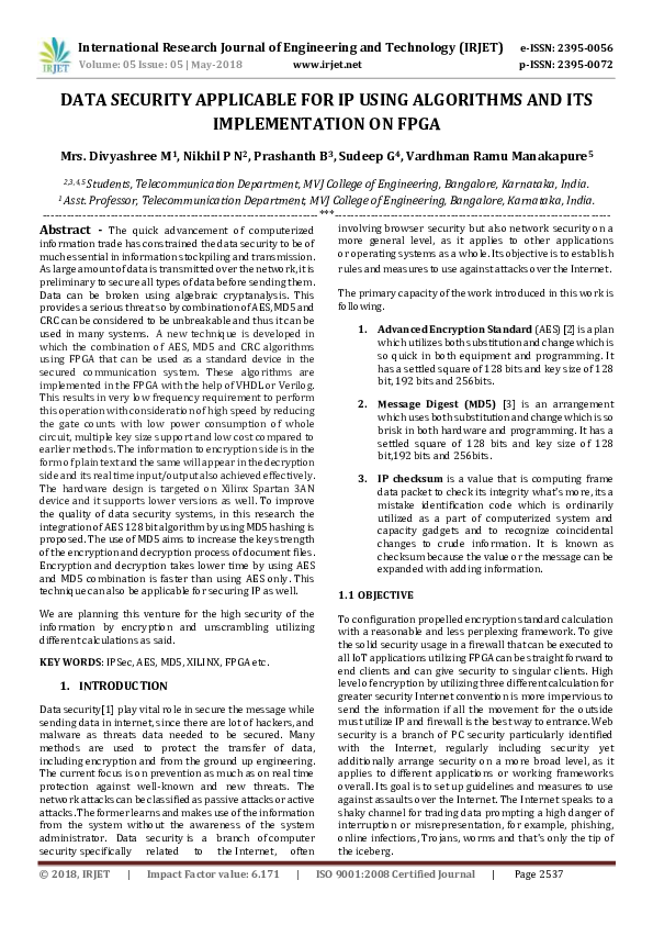 (PDF) IRJET-Data Security Applicable for IP using Algorithms and its Implementation on FPGA