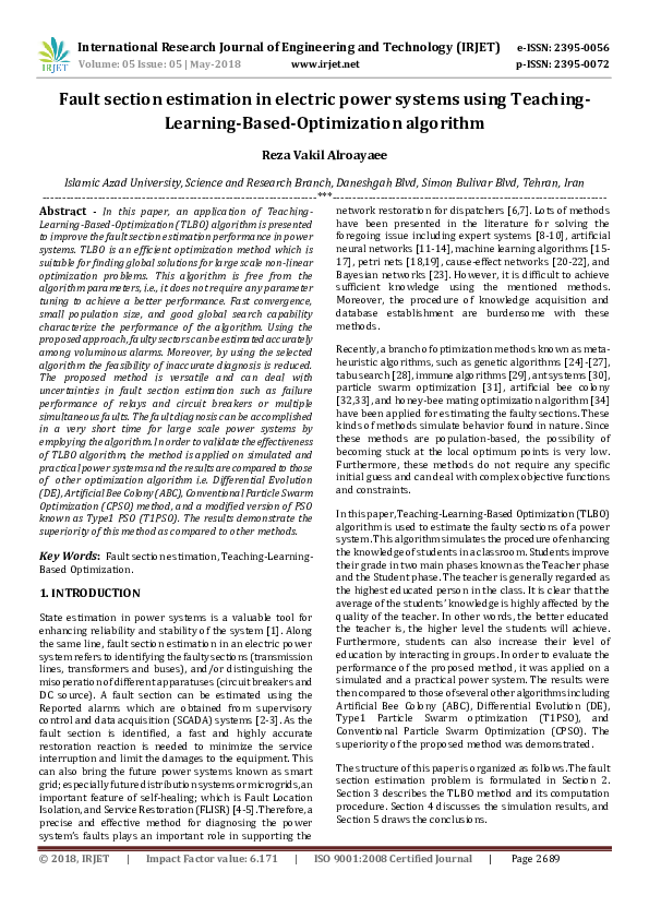 Pdf Irjet Fault Section Estimation In Electric Power Systems Usingteaching Learning Based