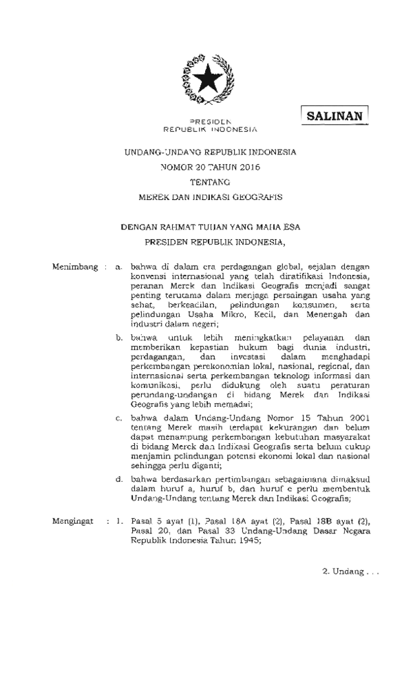 (PDF) UU no 20 tahun 2016 tentang Merek