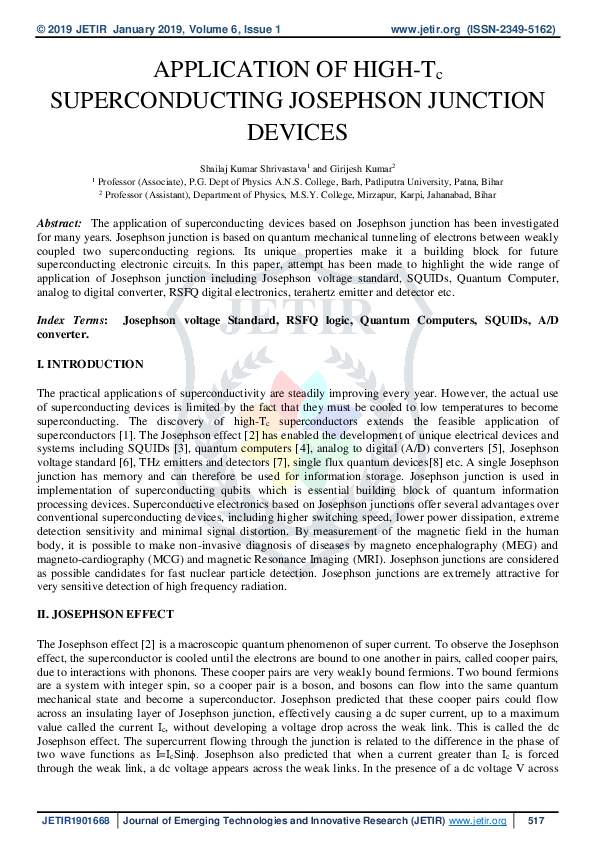 (PDF) Application of High-Tc Superconducting Josephson Junction Devices