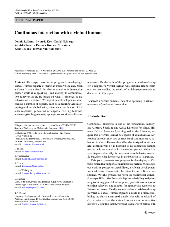(PDF) Continuous interaction with a virtual human | Albert Ali Salah - Academia.edu