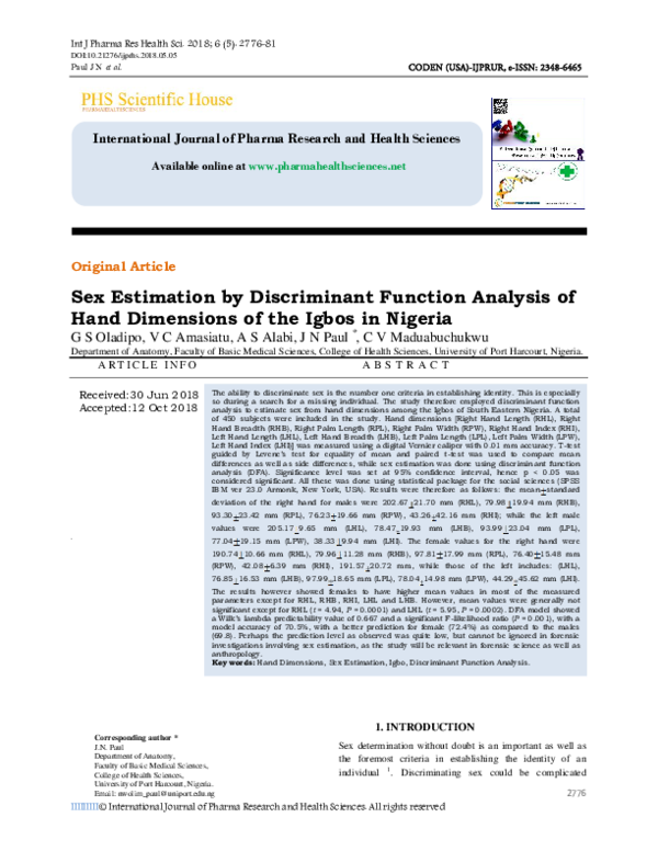 Pdf Sex Estimation By Discriminant Function Analysis Pdf John Nwolim Paul