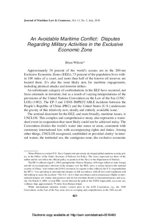 (PDF) An Avoidable Maritime Conflict: Disputes Regarding Military ...