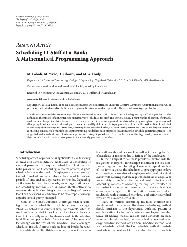(PDF) Scheduling IT Staff at a Bank: A Mathematical Programming Approach (PDF) Scheduling IT Staff at a Bank: A Mathematical Programming Approach