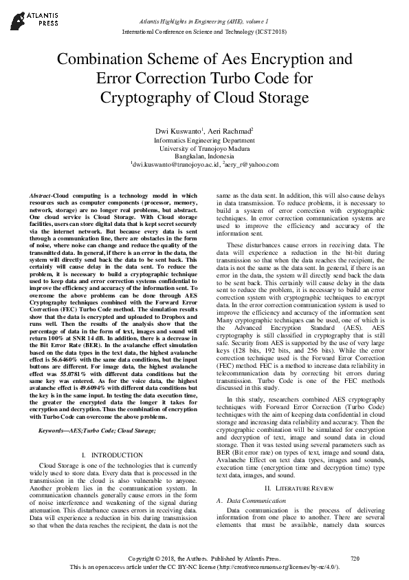 Pdf Combination Scheme Of Aes Encryption And Error Correction Turbo Code For Cryptography Of