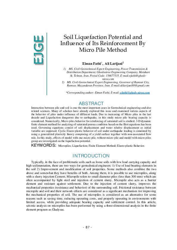(PDF) Soil Liquefaction Potential and Influence of Its Reinforcement By Micro Pile Method.pdf