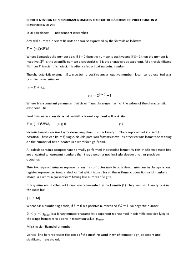(PDF) REPRESENTATION OF SUBNORMAL NUMBERS FOR FURTHER ARITHMETIC ...