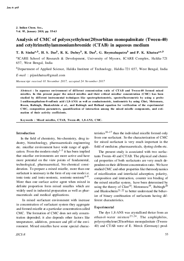 (PDF) Analysis of CMC of polyoxyethylene(20)sorbitan monopalmitate ...