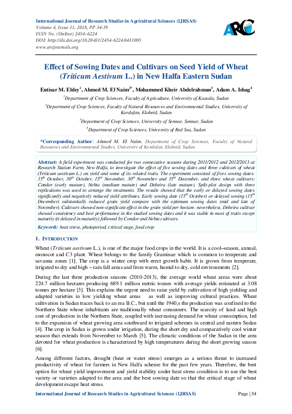 Pdf Effect Of Sowing Dates And Cultivars On Seed Yield Of Wheat