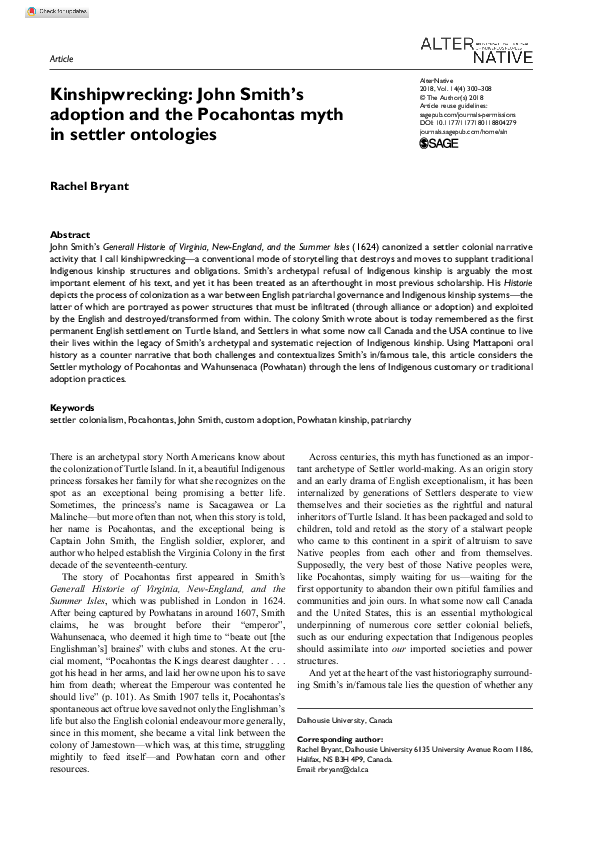 (PDF) Kinshipwrecking: John Smith’s adoption and the Pocahontas myth in ...