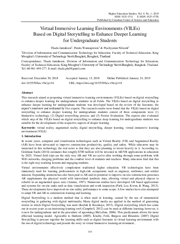 (PDF) Virtual Immersive Learning Environments (VILEs) Based on Digital Storytelling to Enhance ...
