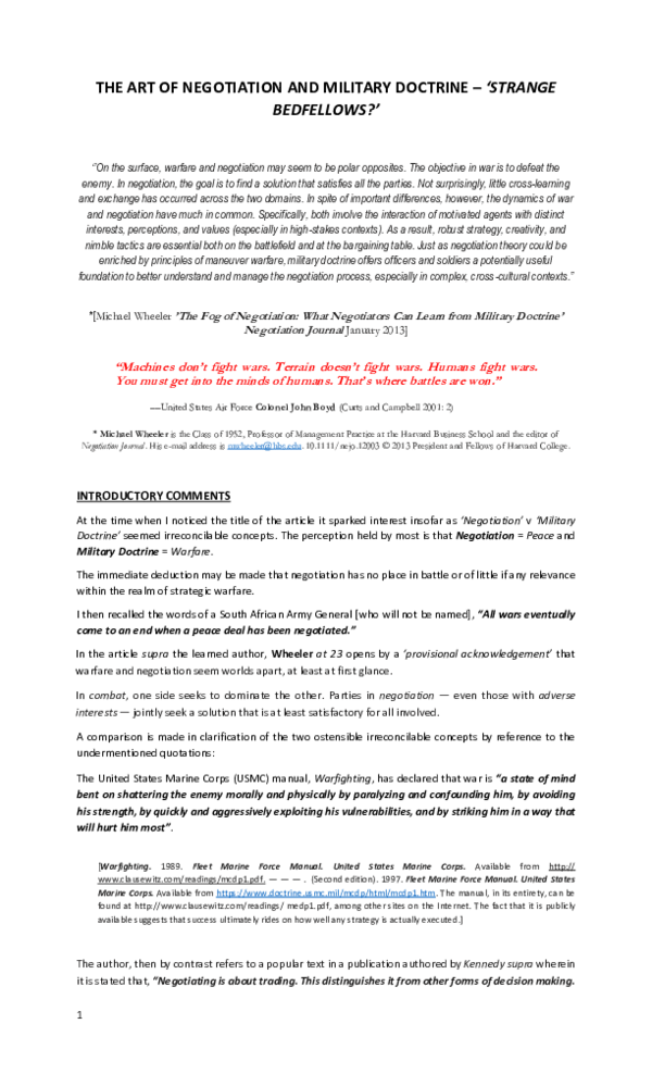(DOC) NEGOTIATION MILITARY DOCTRINE - STRANGE BEDFELLOWS.
