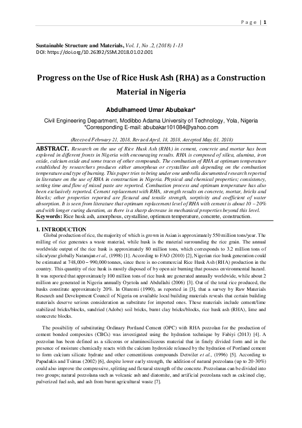(PDF) Progress on the Use of Rice Husk Ash (RHA) as a Construction ...