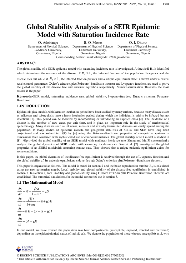 (PDF) Global Stability Analysis of a SEIR Epidemic Model with Saturation Incidence Rate (4).pdf
