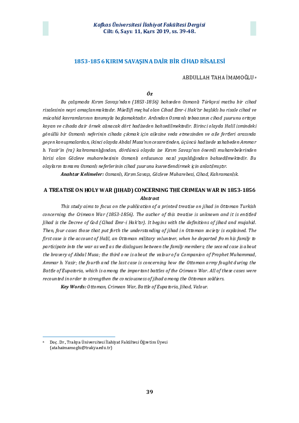 (PDF) 1853-1856 Kırım Savaşına Dair Bir Cihad Risalesi/A Treatise on Holy War/Jihad Concerning ...