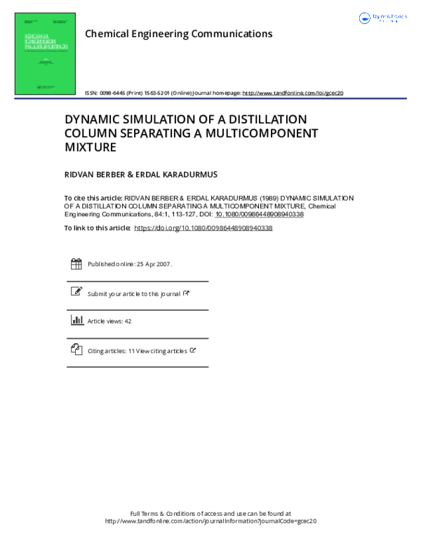 Pdf Dynamic Simulation Of A Distillation Column Separating A