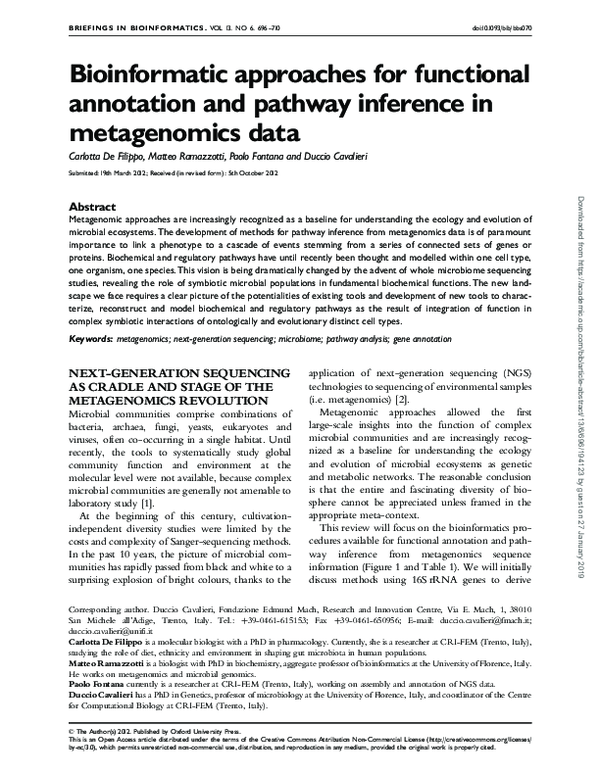 (PDF) Bioinformatic approaches for functional annotation and pathway inference in metagenomics data