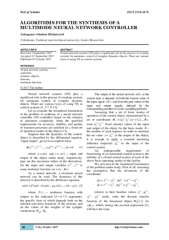 (PDF) ALGORITHMS FOR THE SYNTHESIS OF A MULTIMODE NEURAL NETWORK CONTROLLER