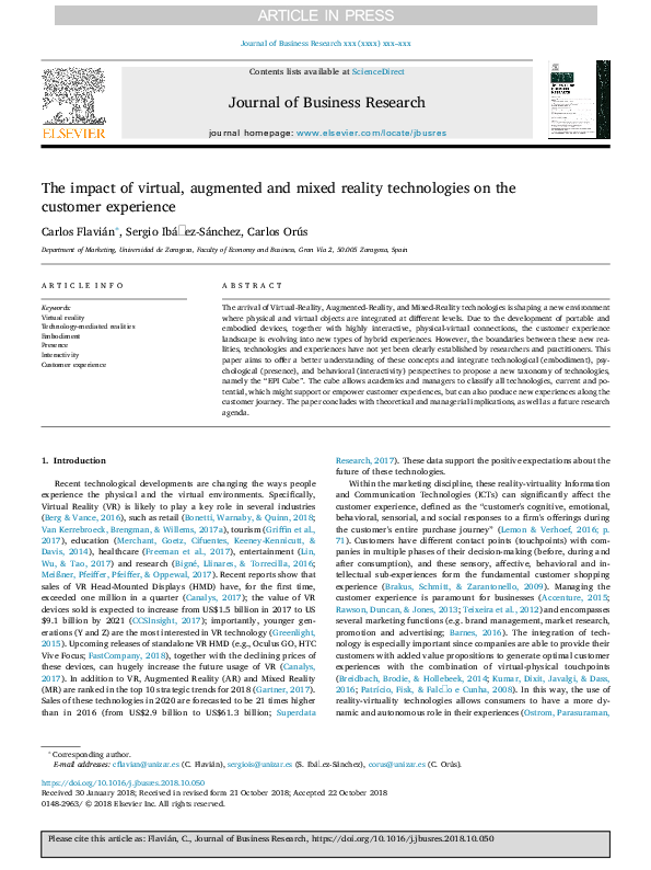 (PDF) The impact of virtual, augmented and mixed reality technologies on the customer experience.pdf