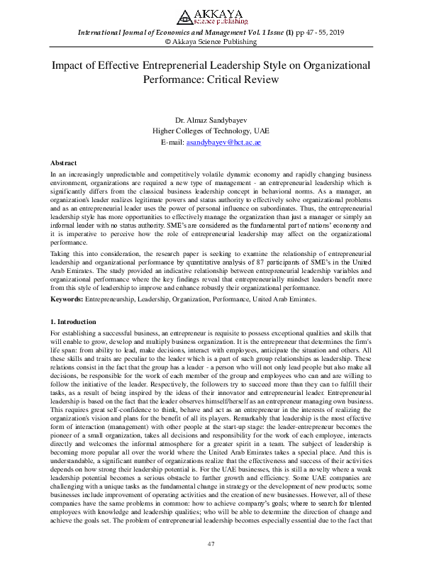 (PDF) Impact of Effective Entrepreneurial Leadership Style on Organizational Performance ...