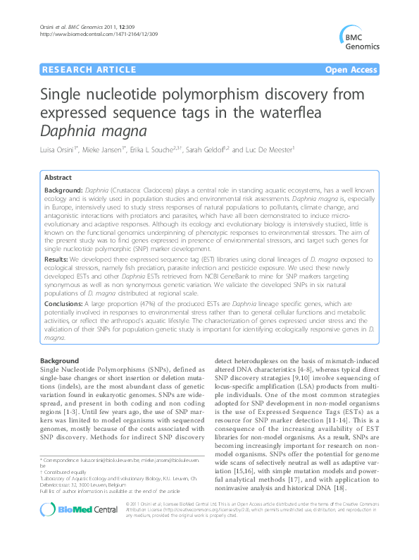 (PDF) Single nucleotide polymorphism discovery from expressed sequence tags in the waterflea ...