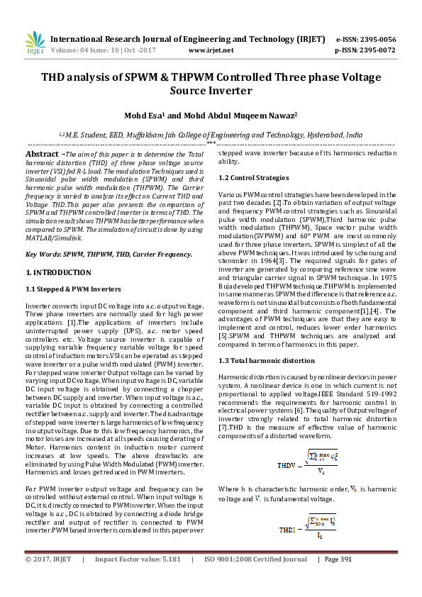 Pdf Thd Analysis Of Spwm And Thpwm Controlled Three Phase Voltage Source Inverter