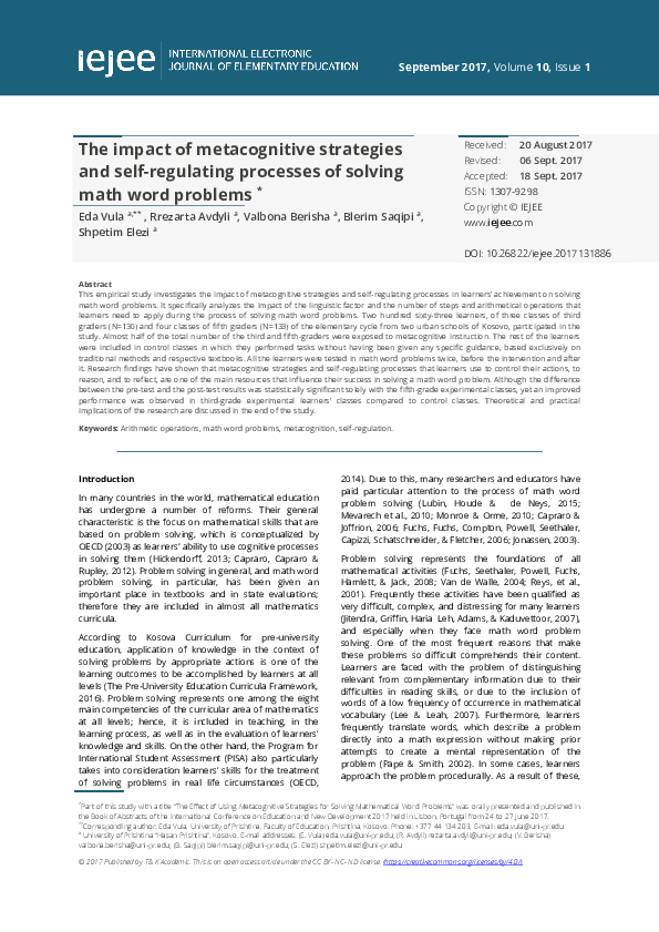 (PDF) The impact of metacognitive strategies and self-regulating processes of solving math word ...