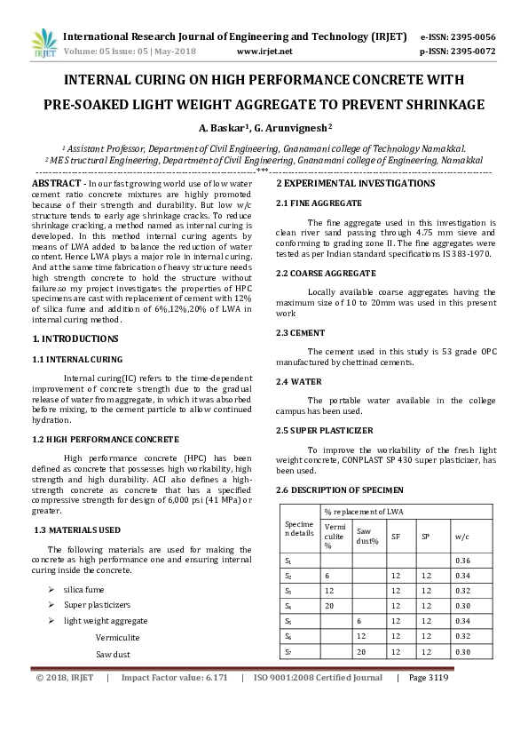 (PDF) IRJET- Internal Curing on High Performance Concrete with Pre ...