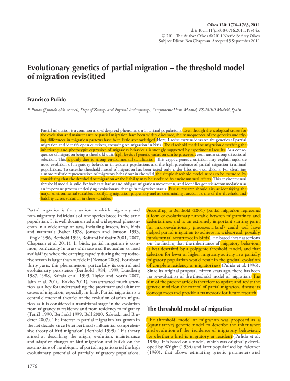 (PDF) Pulido, 2011. Evolutionary genetics of partial migration, the ...