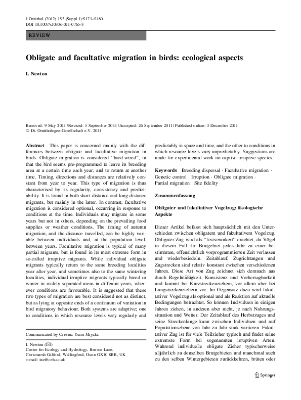 (PDF) Newton2012 Obligate And Facultative Migration in birds ...