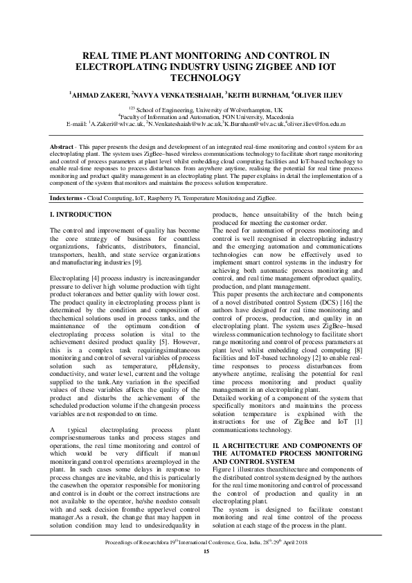 (PDF) REAL TIME PLANT MONITORING AND CONTROL IN ELECTROPLATING INDUSTRY USING ZIGBEE AND IOT ...
