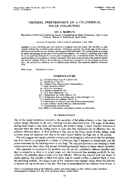 (PDF) Thermal performance of a cylindrical solar collector