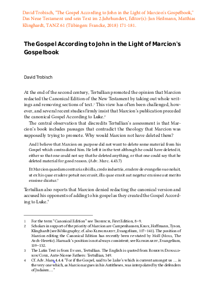 (PDF) The Gospel According to John in the Light of Marcion’s Gospelbook