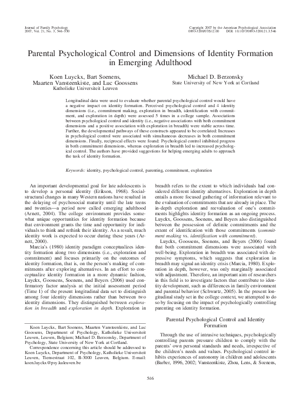 (PDF) Parental Psychological Control and Dimensions of Identity ...