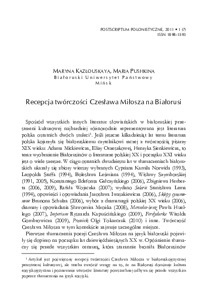 (PDF) Maryna Kozlouskaya, Maria Pushkina, Recepcja twórczości Czesława ...