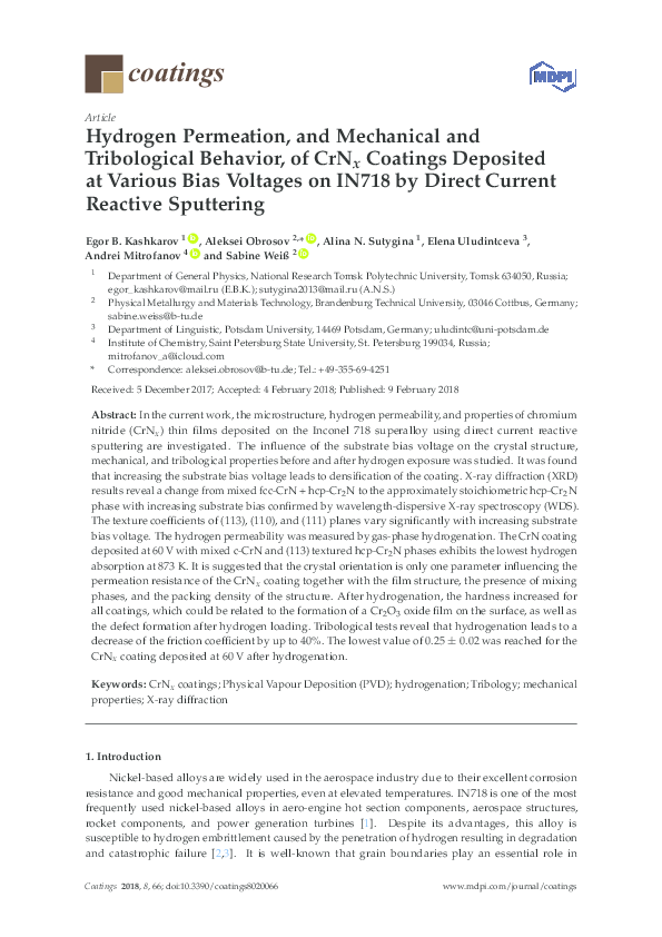 (PDF) Hydrogen Permeation, and Mechanical and Tribological Behavior, of CrNx Coatings Deposited ...