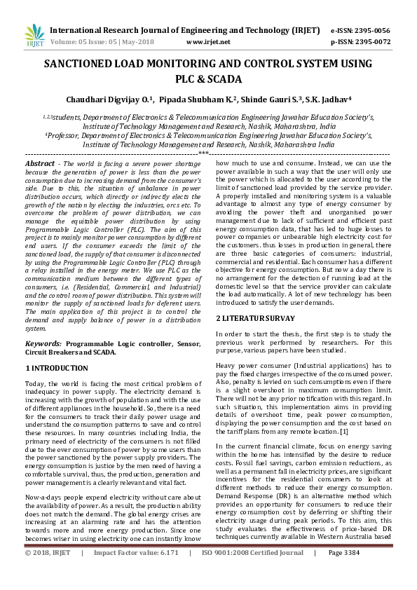 Pdf Irjet Sanctioned Load Monitoring And Control System Using Plc And Scada